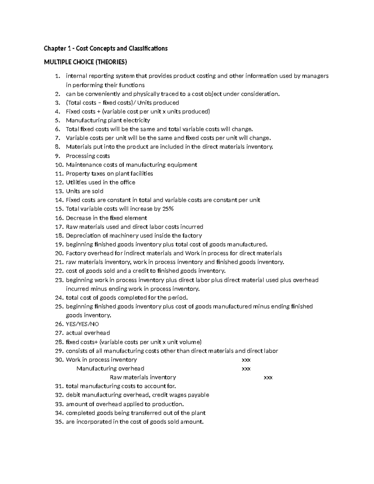 Cost Acco (Rante) - Chapter 1 - Chapter 1 - Cost Concepts and Classifications MULTIPLE CHOICE ...