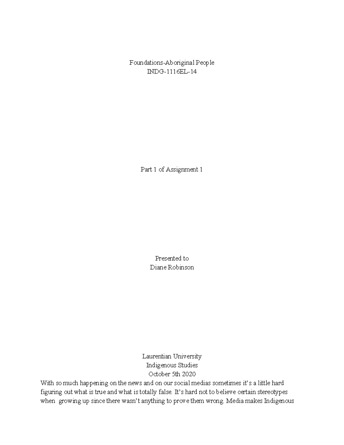 Part 1 INDG - part 1 - Foundations-Aboriginal People INDG-1116EL- Part ...