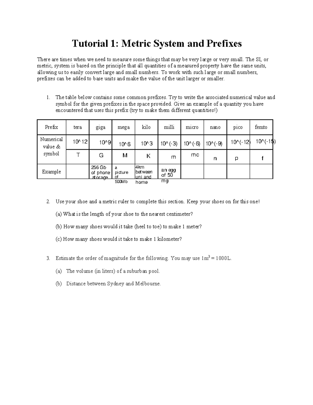 Week1-Tutorial-1 - tut 1 - Tutorial 1: Metric System and Prefixes There ...