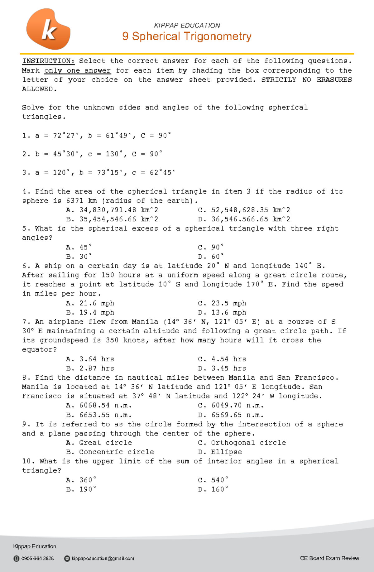 Kippap-Handout-MSTE (09 Spherical Trigonometry) - KIPPAP EDUCATION 9 ...