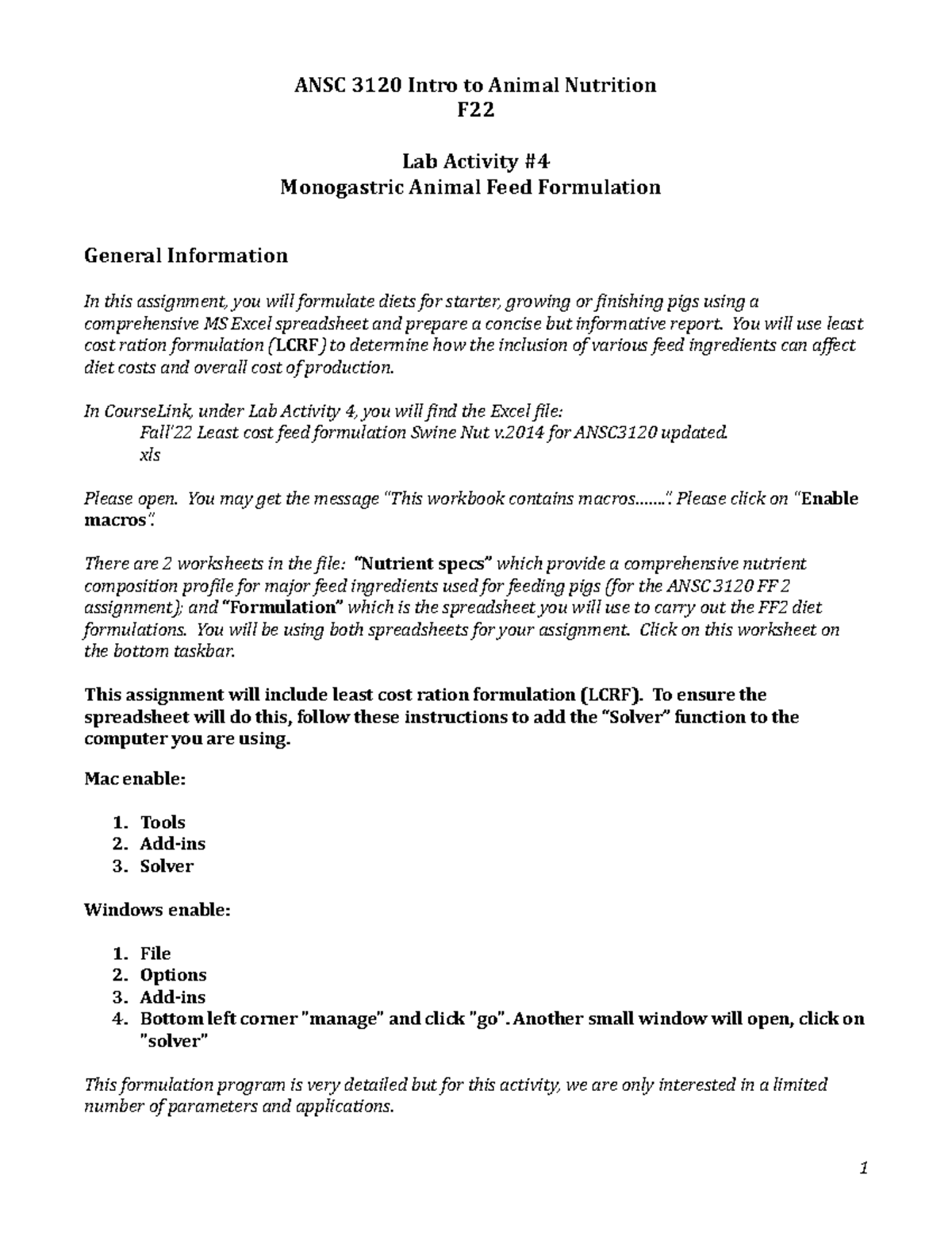 Lab Activity 4 Monogastric Feed Formulation - ANSC 3120 Intro to Animal Nutrition F Lab Activity ...