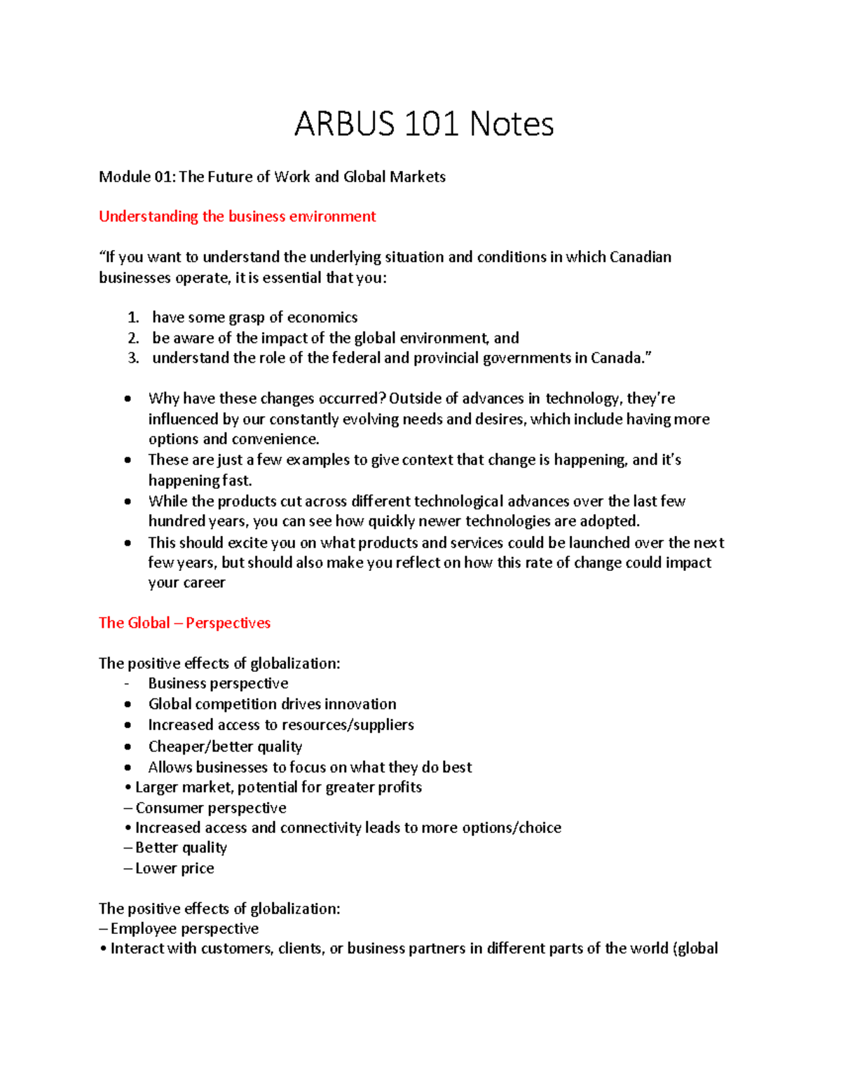 ARBUS 101 notes - ARBUS 101 Notes Module 01: The Future of Work and ...