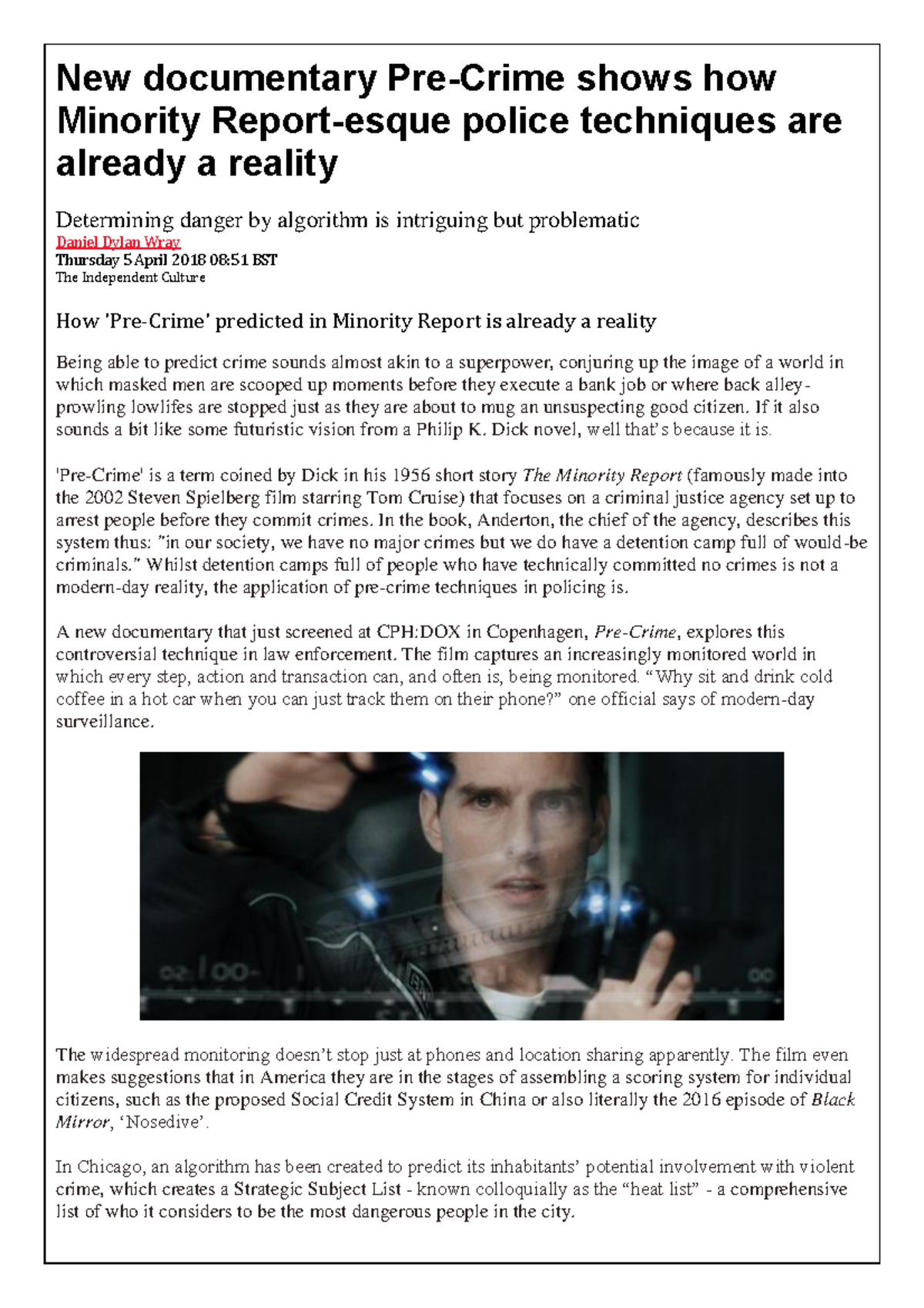 1.2 Pre-crime News article and Activity - New documentary Pre-Crime ...