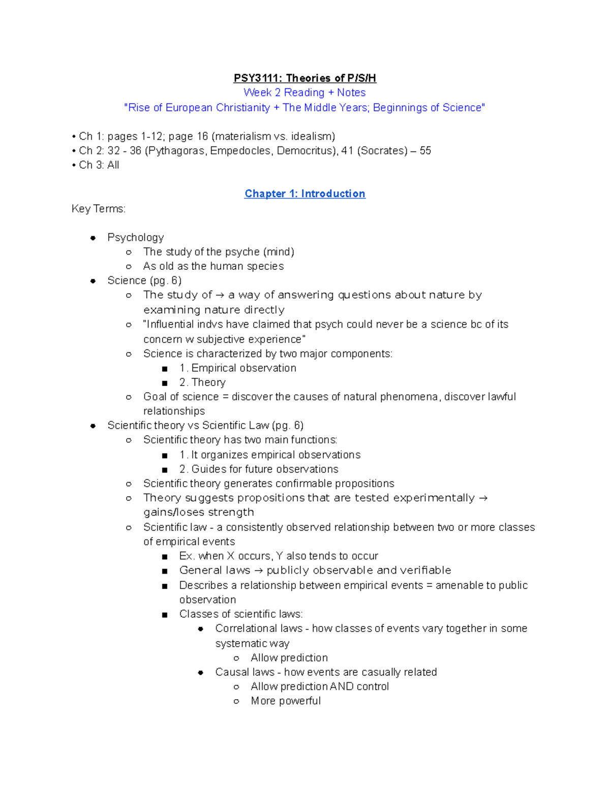 PSY3111. Week 2 Reading Notes - PSY3111: Theories of P/S/H Week 2 ...