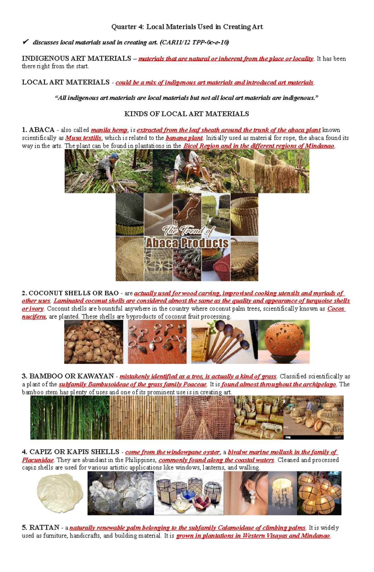 CPAR-Module 10 - Activity - Quarter 4: Local Materials Used in Creating Art discusses local ...