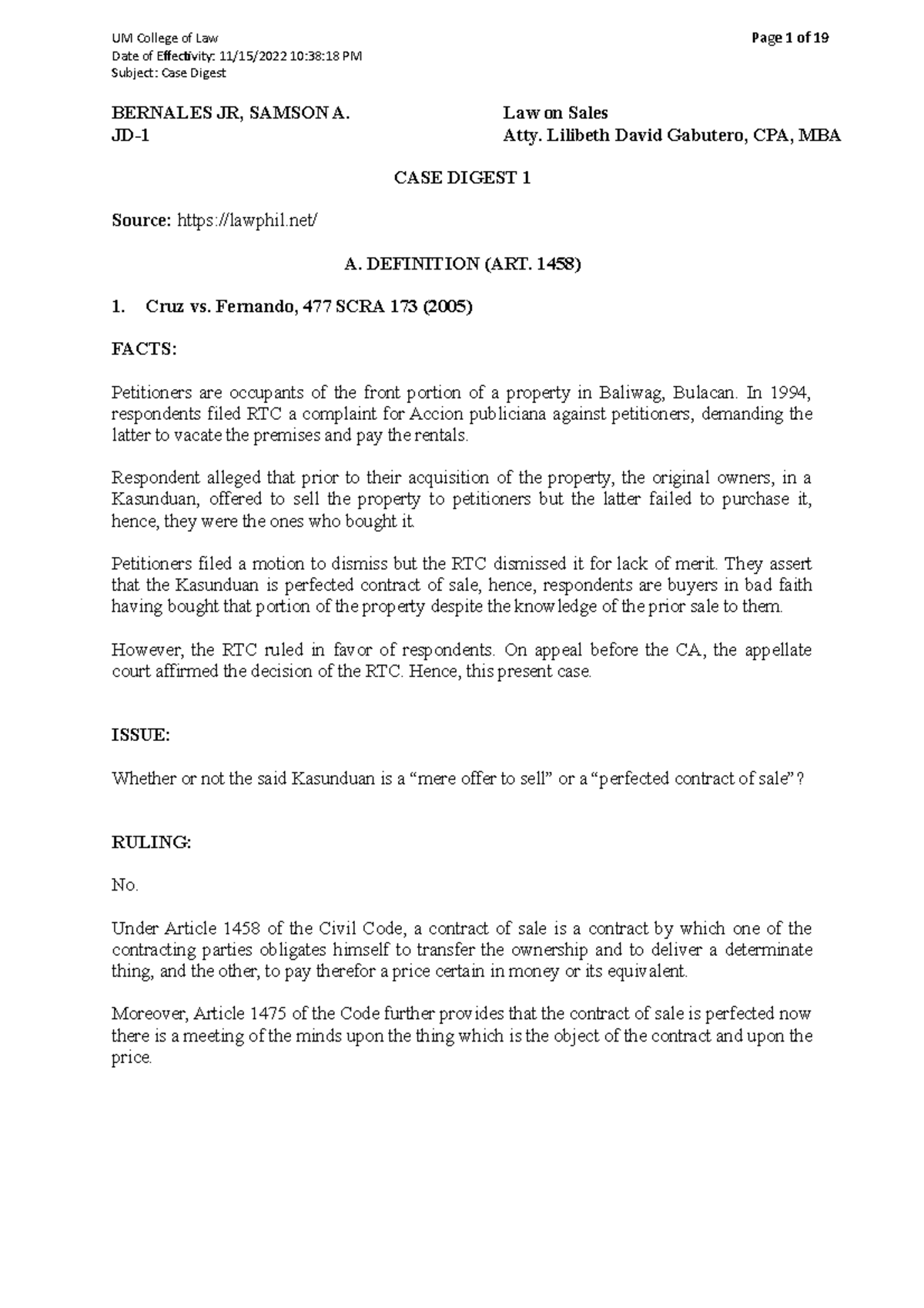 Bernales - Sales - Assignment 1 - Case Digest - Date of Effectivity: 11 ...