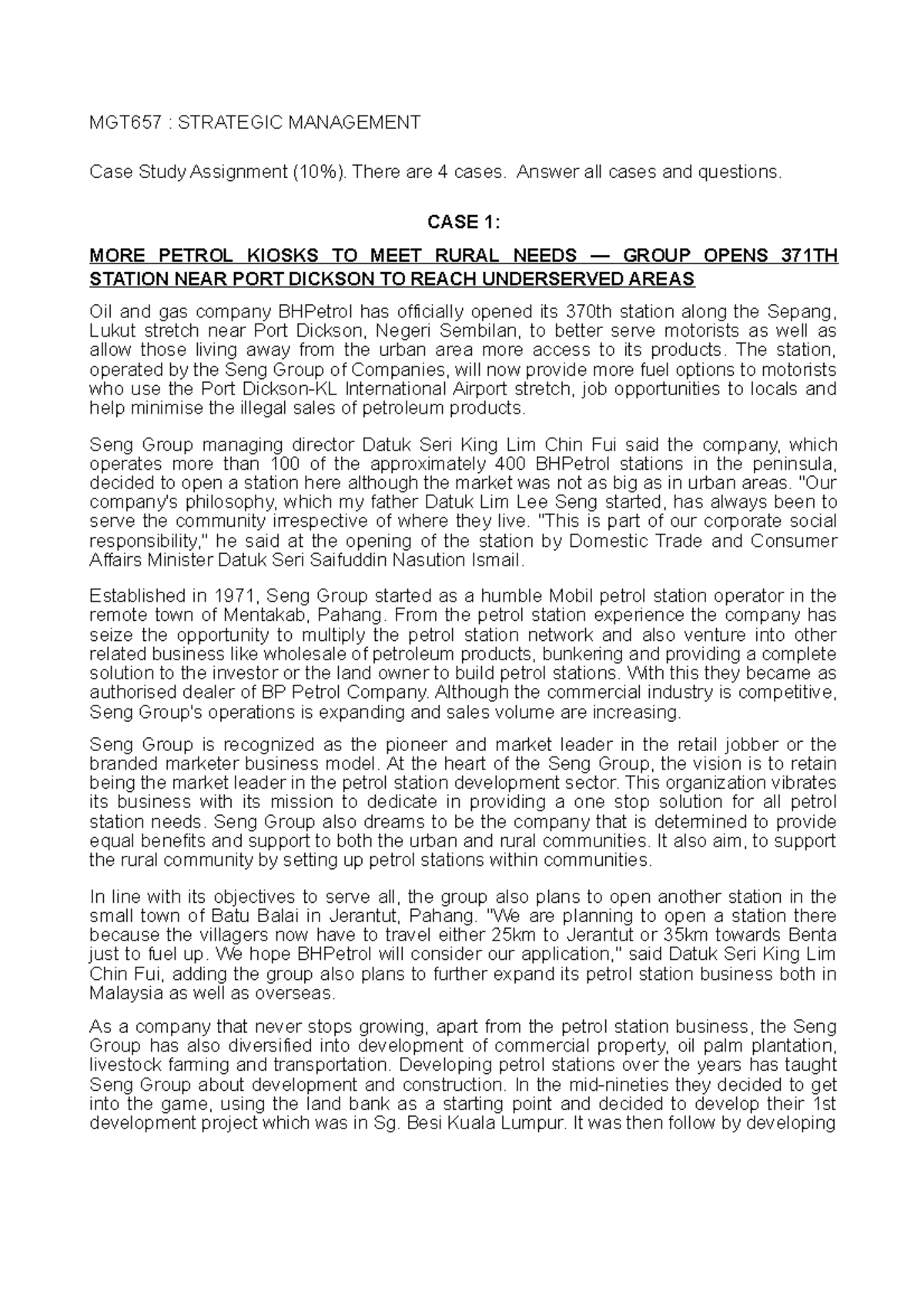 MGT657 CASE Study Assignment - MGT657 : STRATEGIC MANAGEMENT Case Study ...