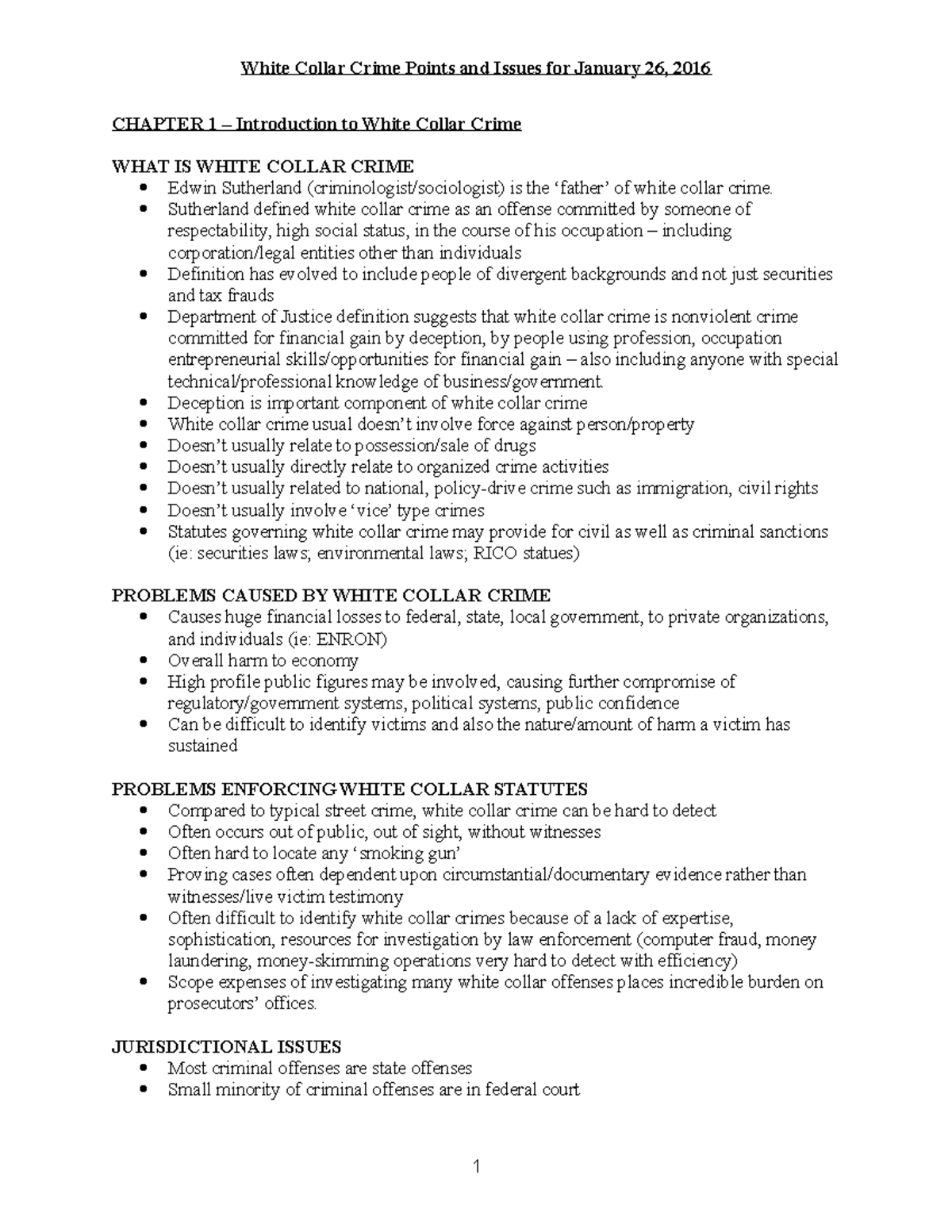 Chapters 1-3 notes - Professor Mitchell - White Collar Crime Points and ...