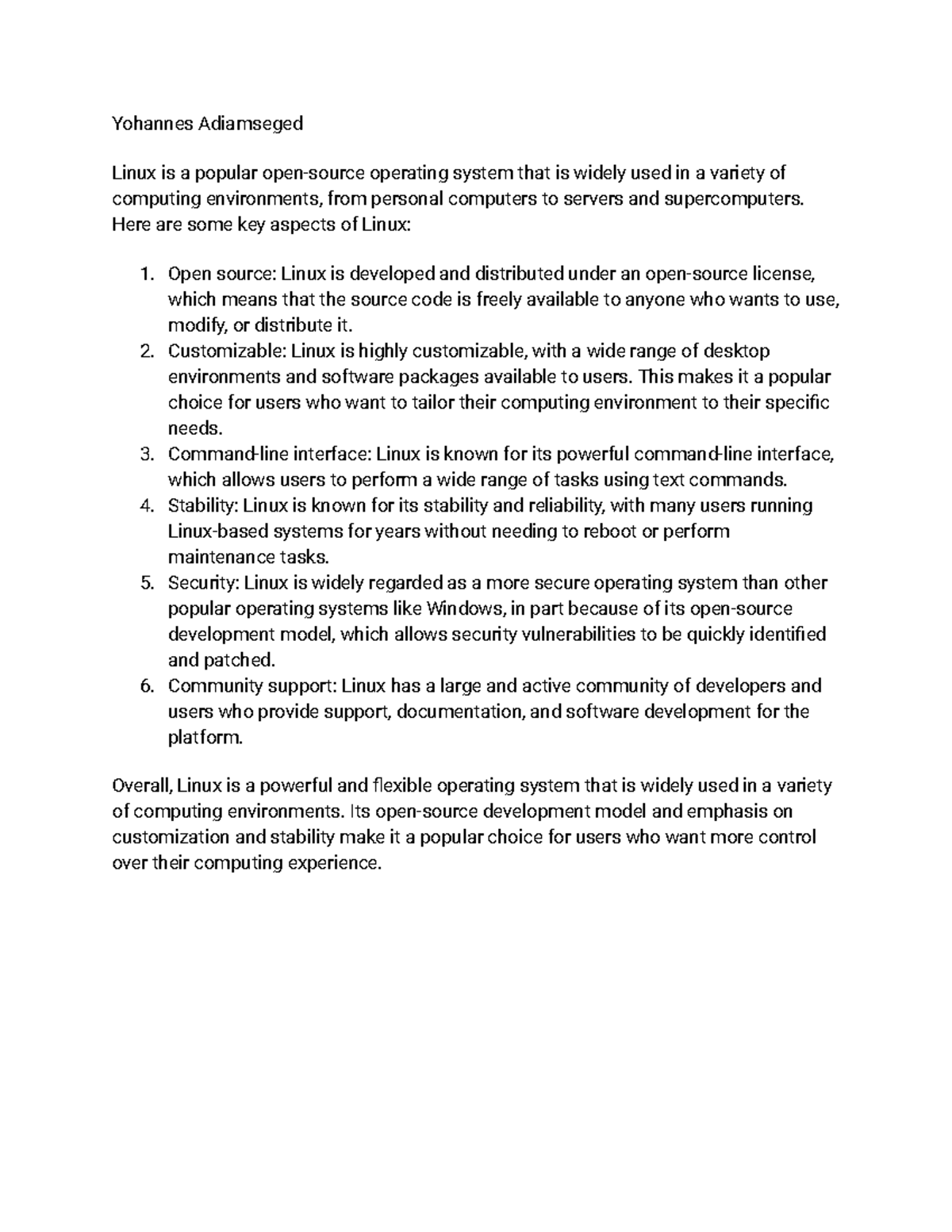 Linux Lecture Notes Yohannes Adiamseged Linux Is A Popular Open Source Operating System That
