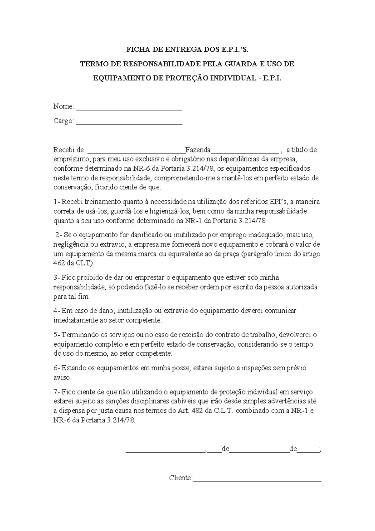 Ficha DE Entrega DOS EPI'S - FICHA DE ENTREGA DOS E.P.’S. TERMO DE ...