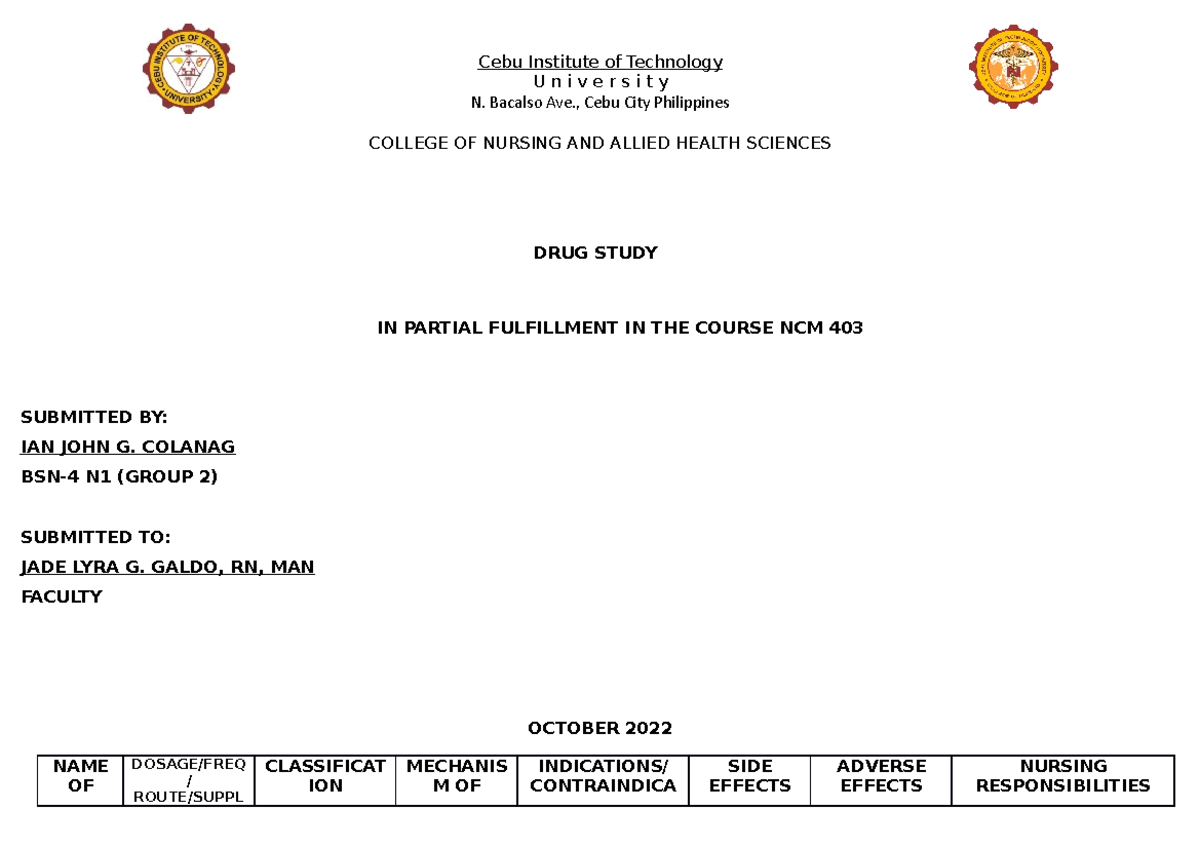Colanag DRUG Study - Cebu Institute of Technology U n i v e r s i t y N ...