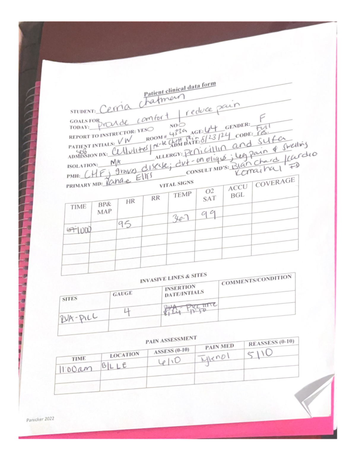 Patient clinical data form - PMH: CHFj graves on Eligus j leg pain of ...