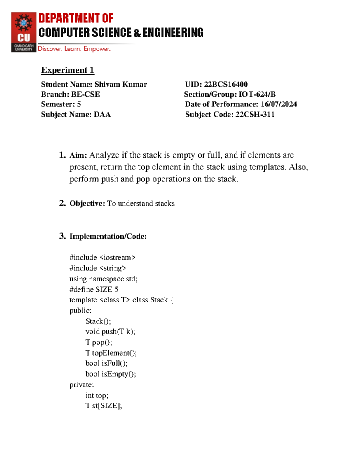 DAA 1st experiment Shivam - COMPUTER SCIENCE & ENGINEERING Experiment 1 Student Name: Shivam ...