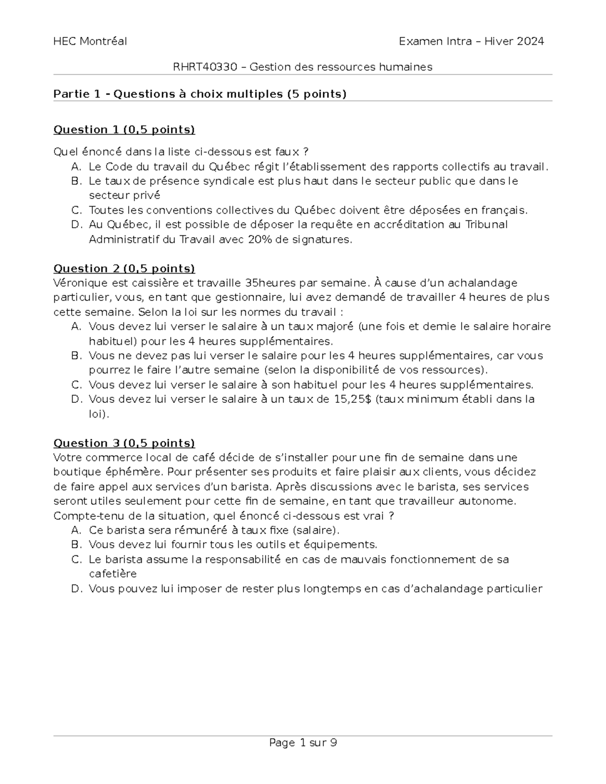 Intra-Examen - Intra - Session hiver 2024 - RHRT40330 – Gestion des ressources humaines Partie 1 ...