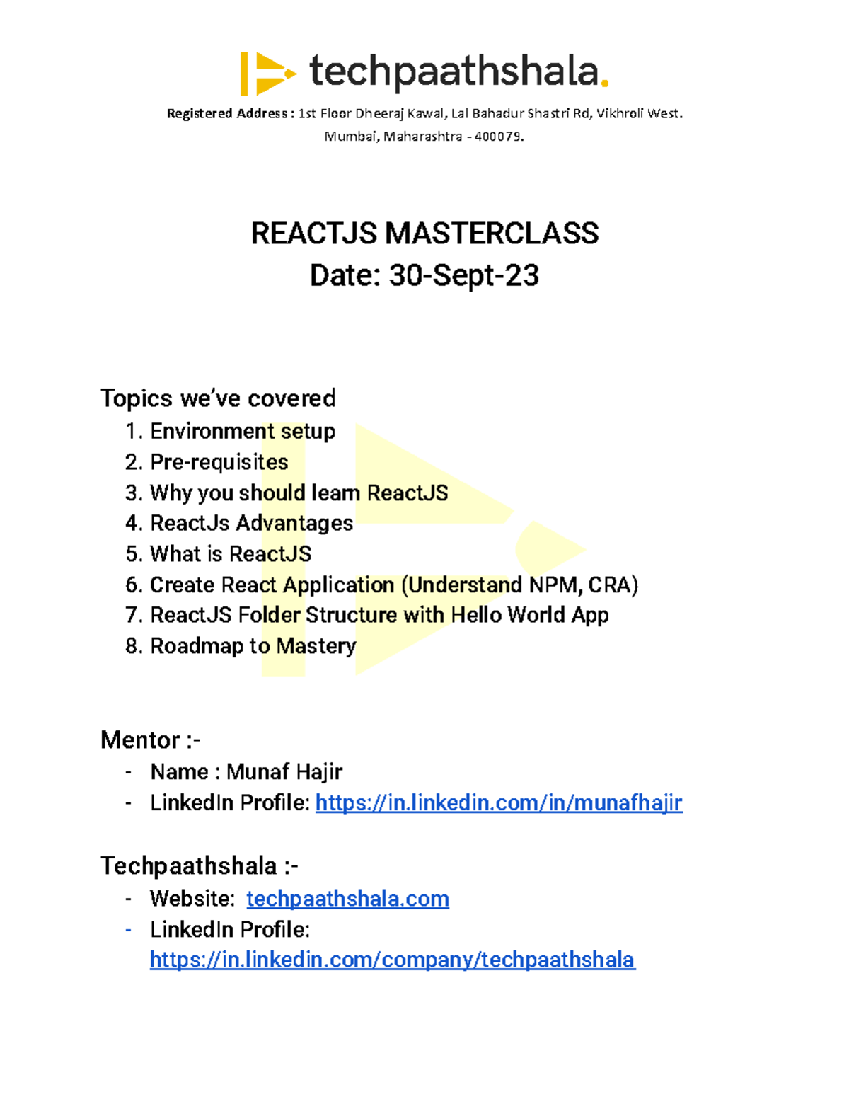 React Bootcamp Notes Mumbai Maharashtra 400079 Reactjs