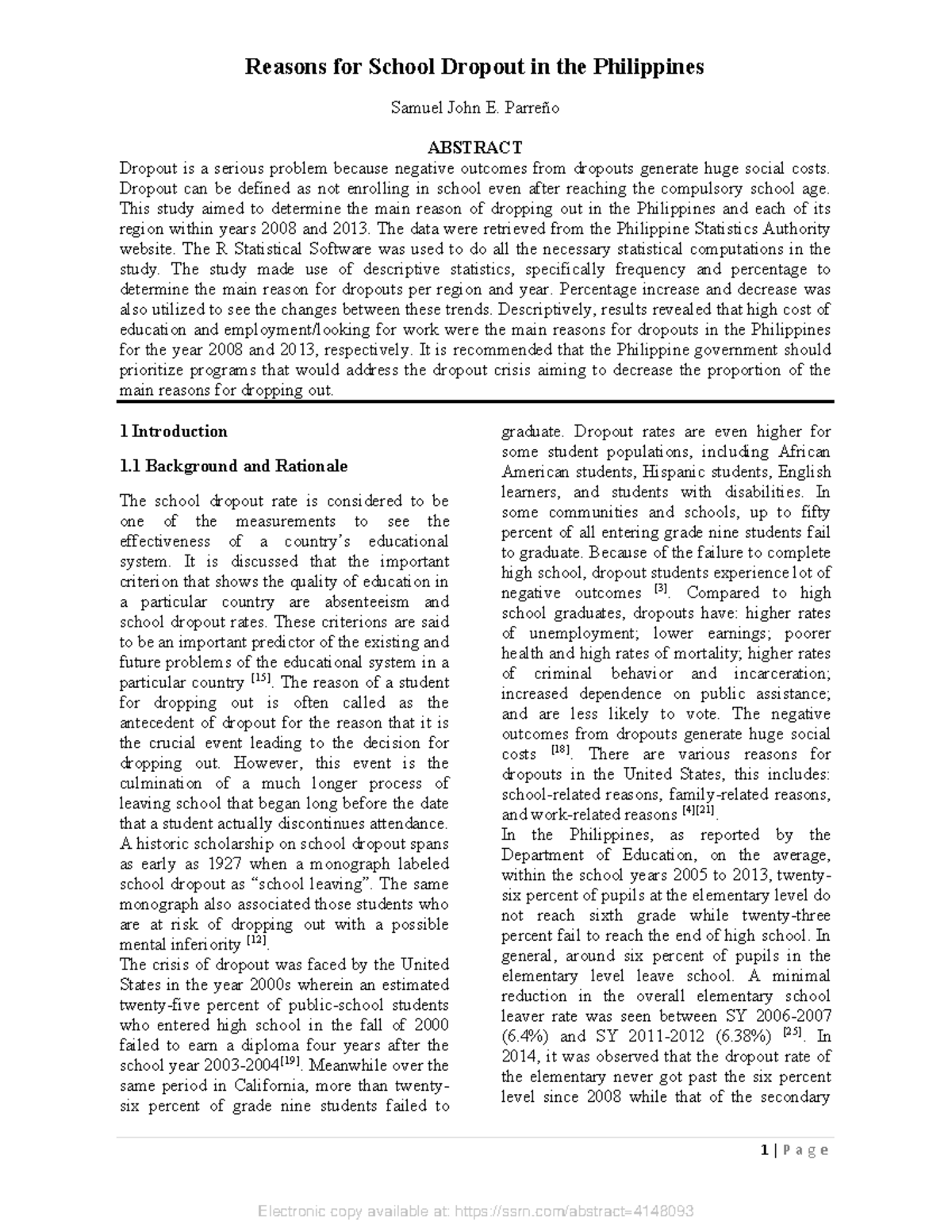 SSRN-id4148093 - KIMI - Samuel John E. Parreño ABSTRACT Dropout is a ...