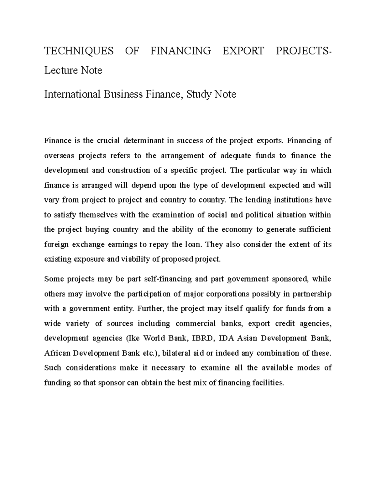 Techniques OF Financing Export Projects - TECHNIQUES OF FINANCING ...