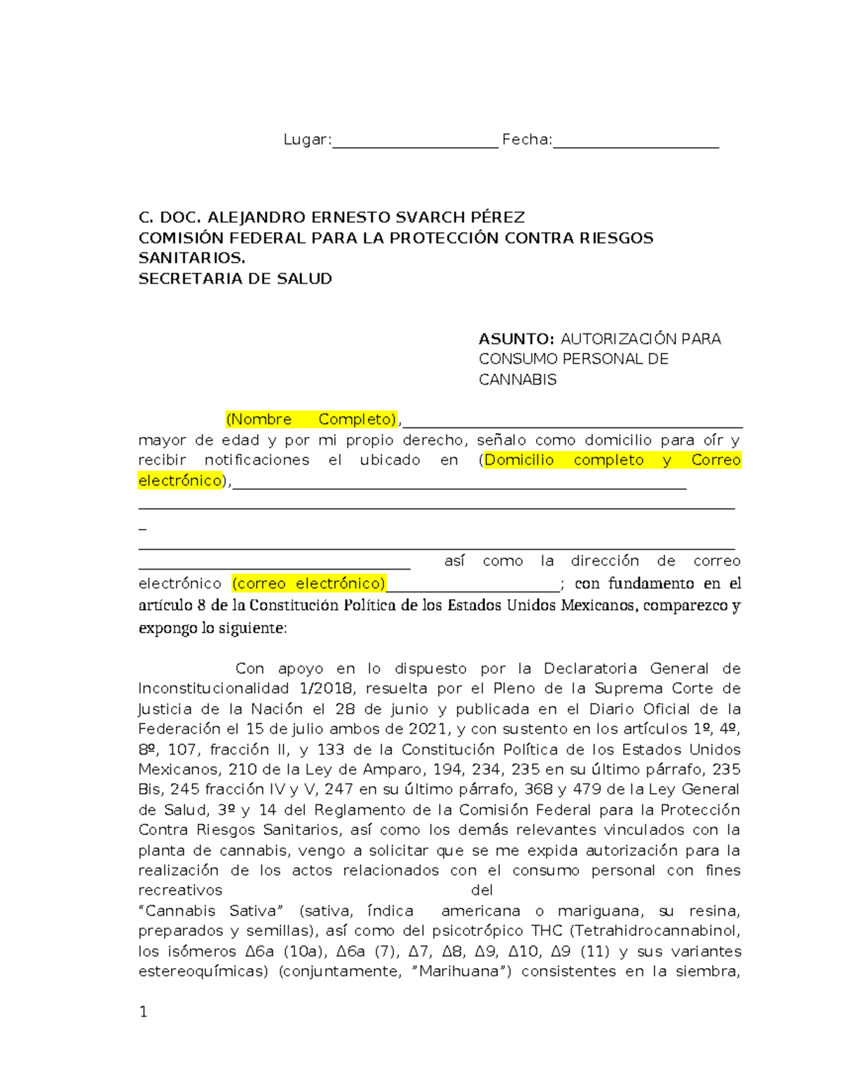 Cofepris-solicitud-Autorizacion - Lugar:______________________ Fecha