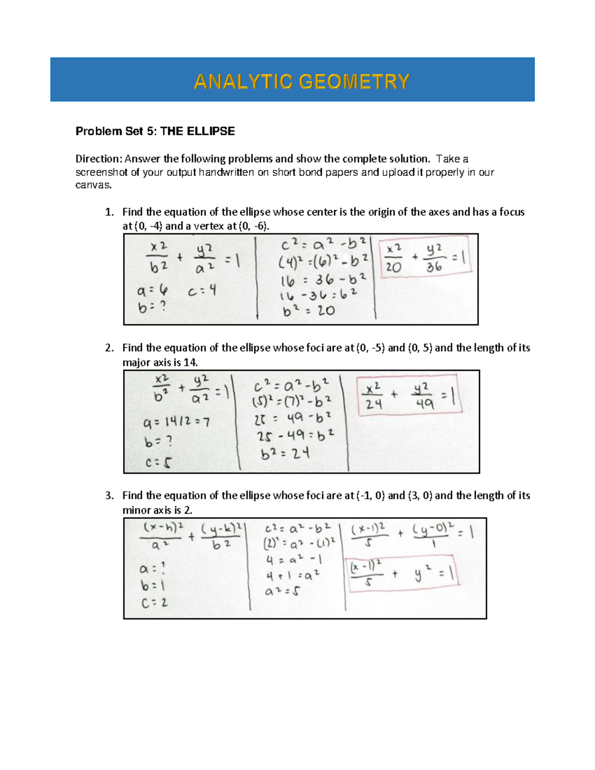 Problem Set 5-The Ellipse - Problem Set 5: THE ELLIPSE Direction ...