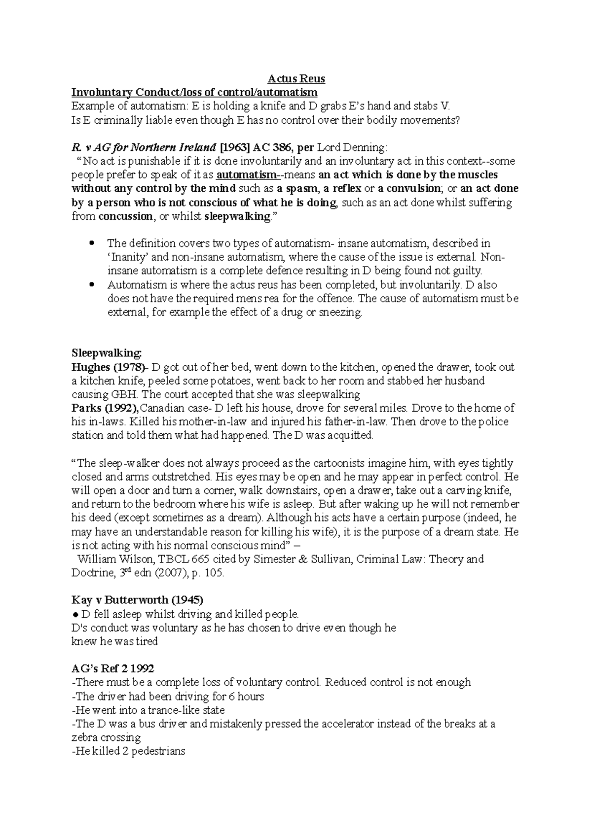Crim law 2 - notes - Actus Reus Involuntary Conduct/loss of control ...