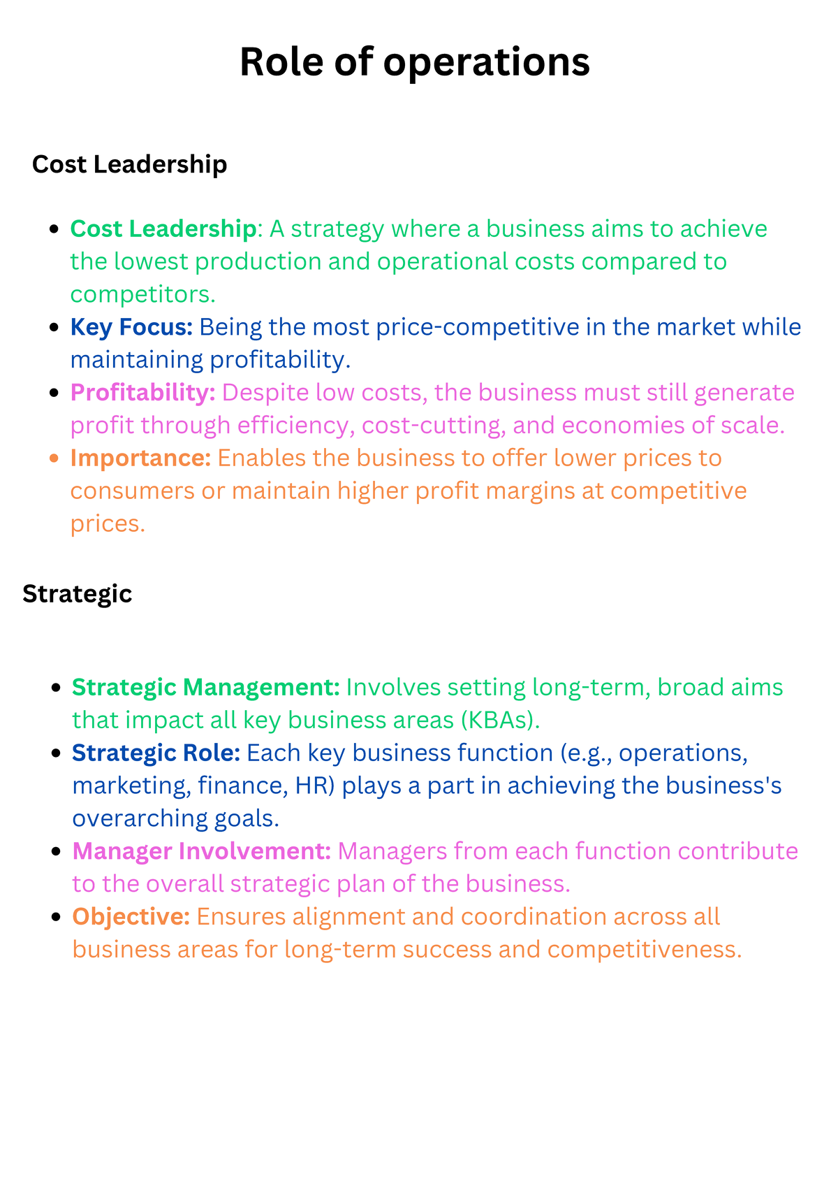 Role of operations A 3 - Role of operations Cost Leadership Cost ...