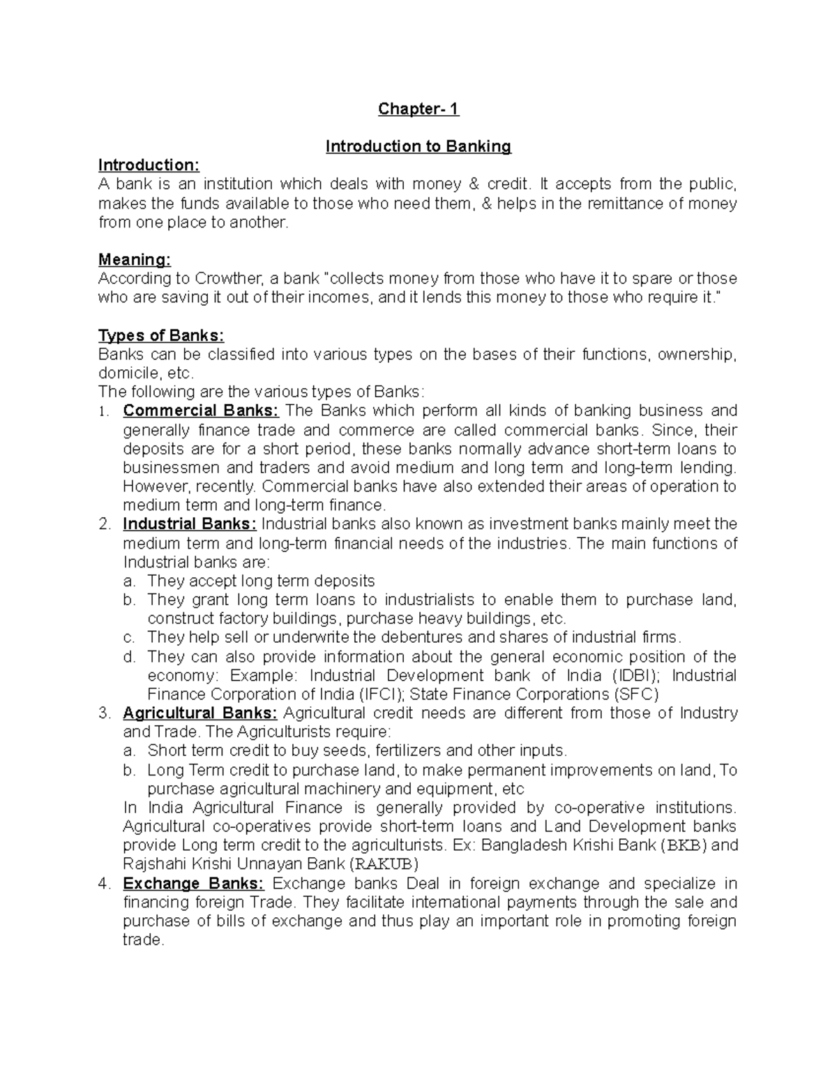 Chapter-1 - Introduction to Banking - Chapter- 1 Introduction to Banking Introduction: A bank is ...