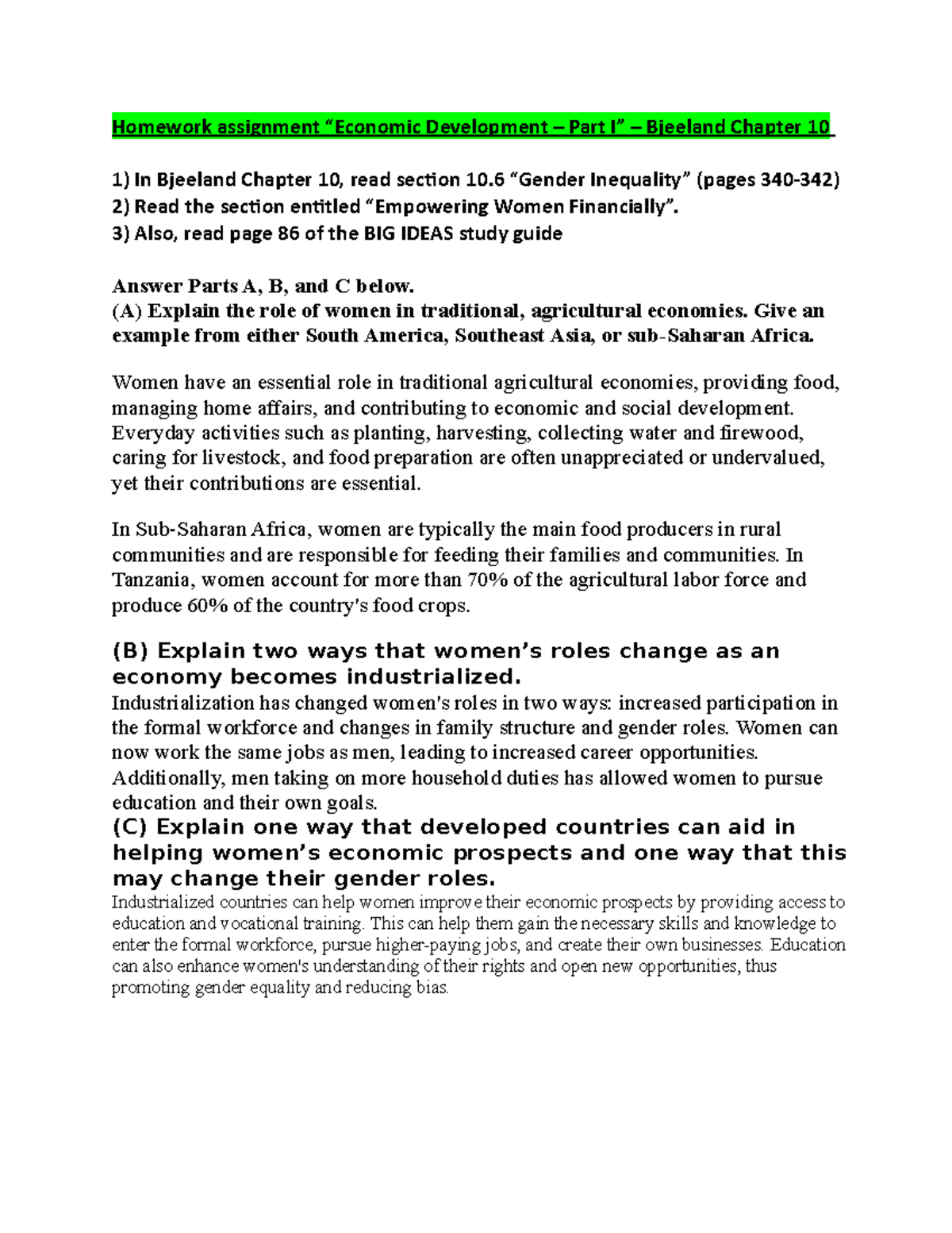 HW Assignment - ECON Development - PART I - Homework assignment ...