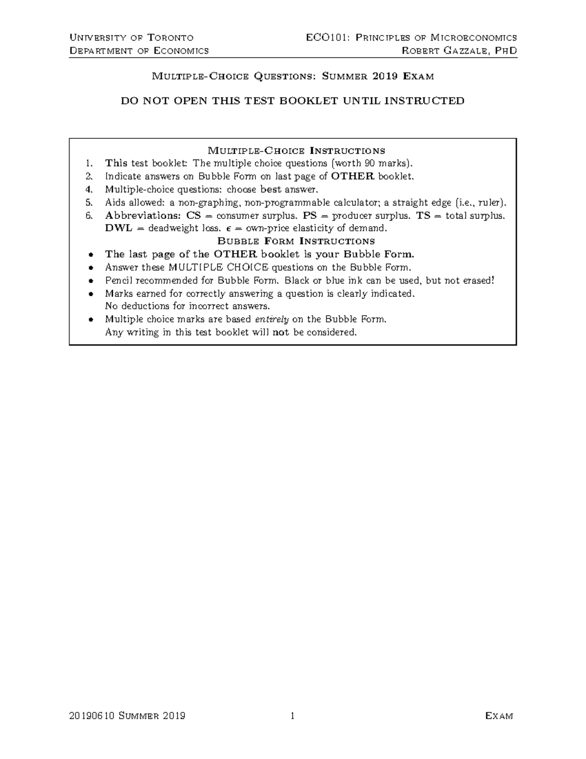 ECO101 2019 Summer Final Exam MC - Department of Economics Robert ...