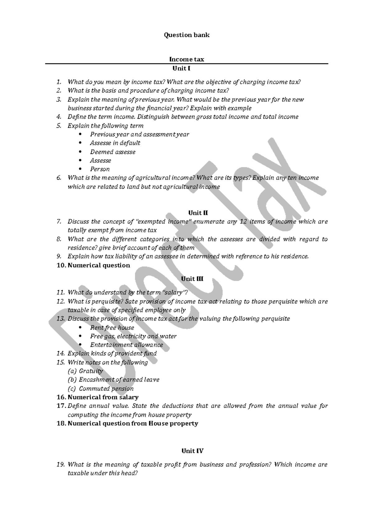 Question bank - income tax - Question bank Income tax Unit I What do ...