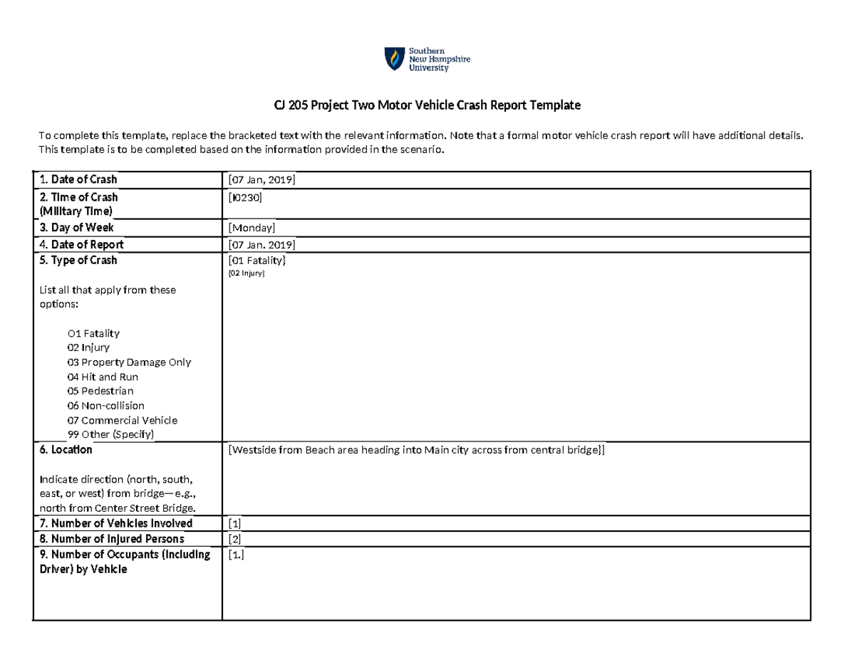 CJ 205 Project Two Motor Vehicle Crash Report Template - Note that a ...