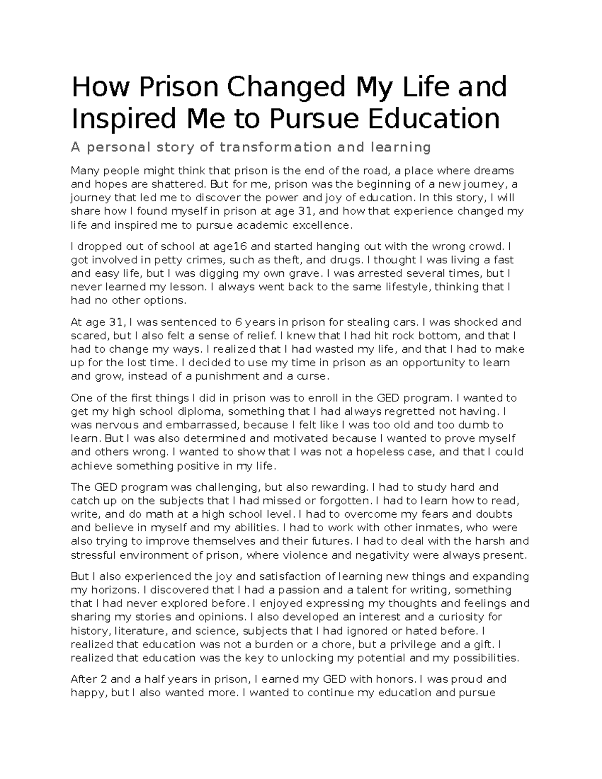 Personal narrative - How Prison Changed My Life and Inspired Me to ...