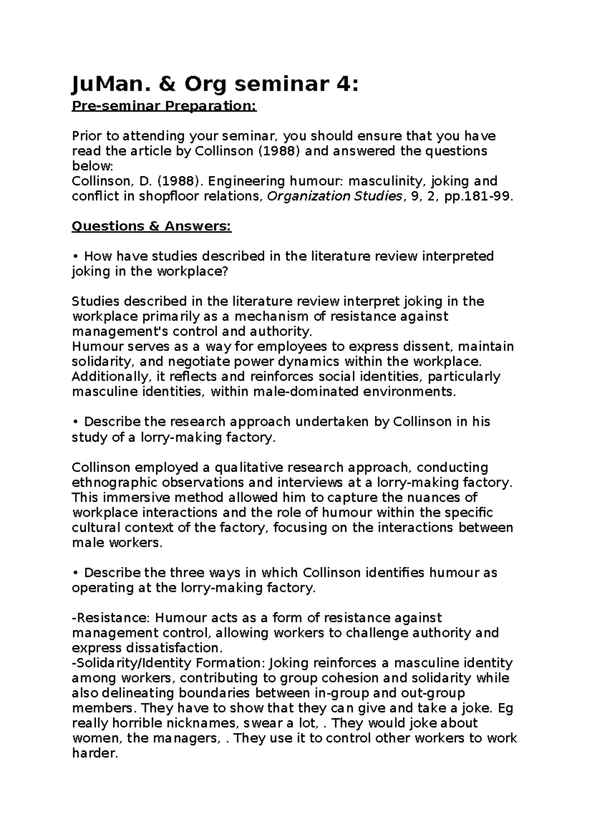 Man. Org seminar 4 - Man and org - JuMan. & Org seminar 4: Pre-seminar Preparation: Prior to ...