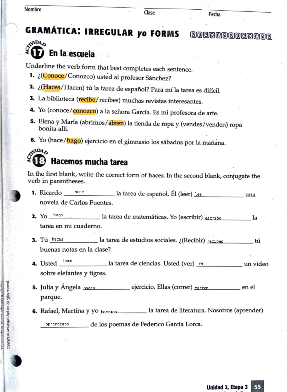 Classroom Practice - Irregular Verbs - Present Tense - Nombre Clase ...