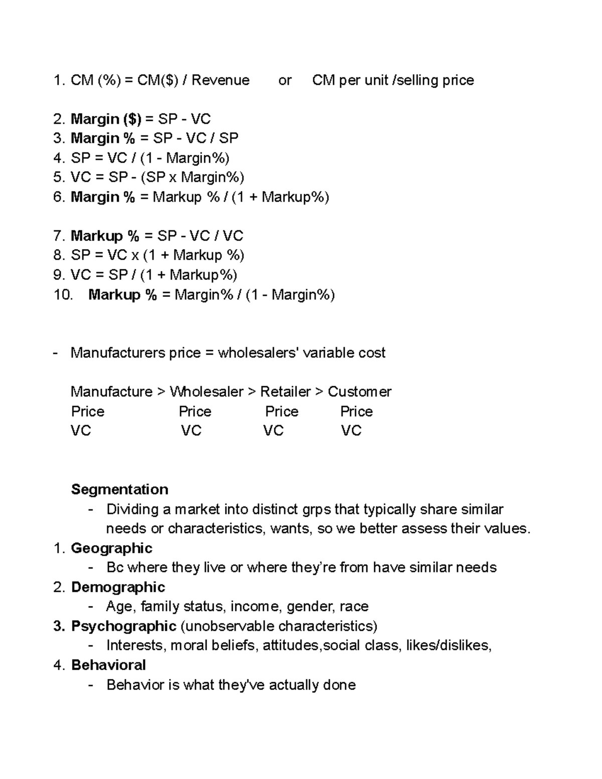MKT300 - Chapter 2 Metrics - CM (%) = CM($) / Revenue or CM per unit ...