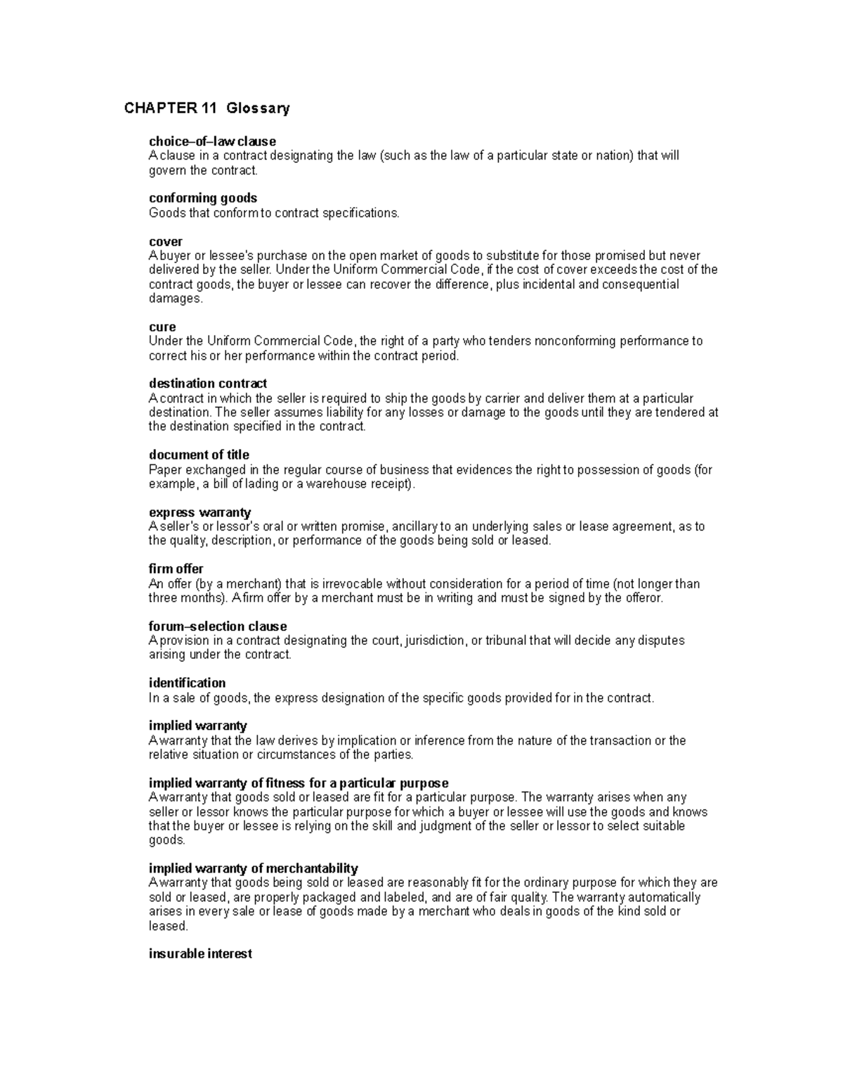 Ch11 legal vocabulary - CHAPTER 11 Glossary choice–of–law clause A ...