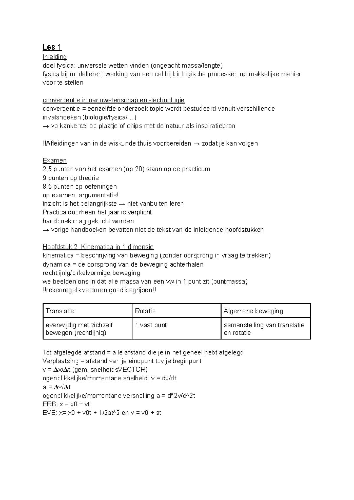 Les 1 - notities bij hoofdstuk 1 fysica - Les 1 Inleiding doel fysica: universele wetten vinden ...