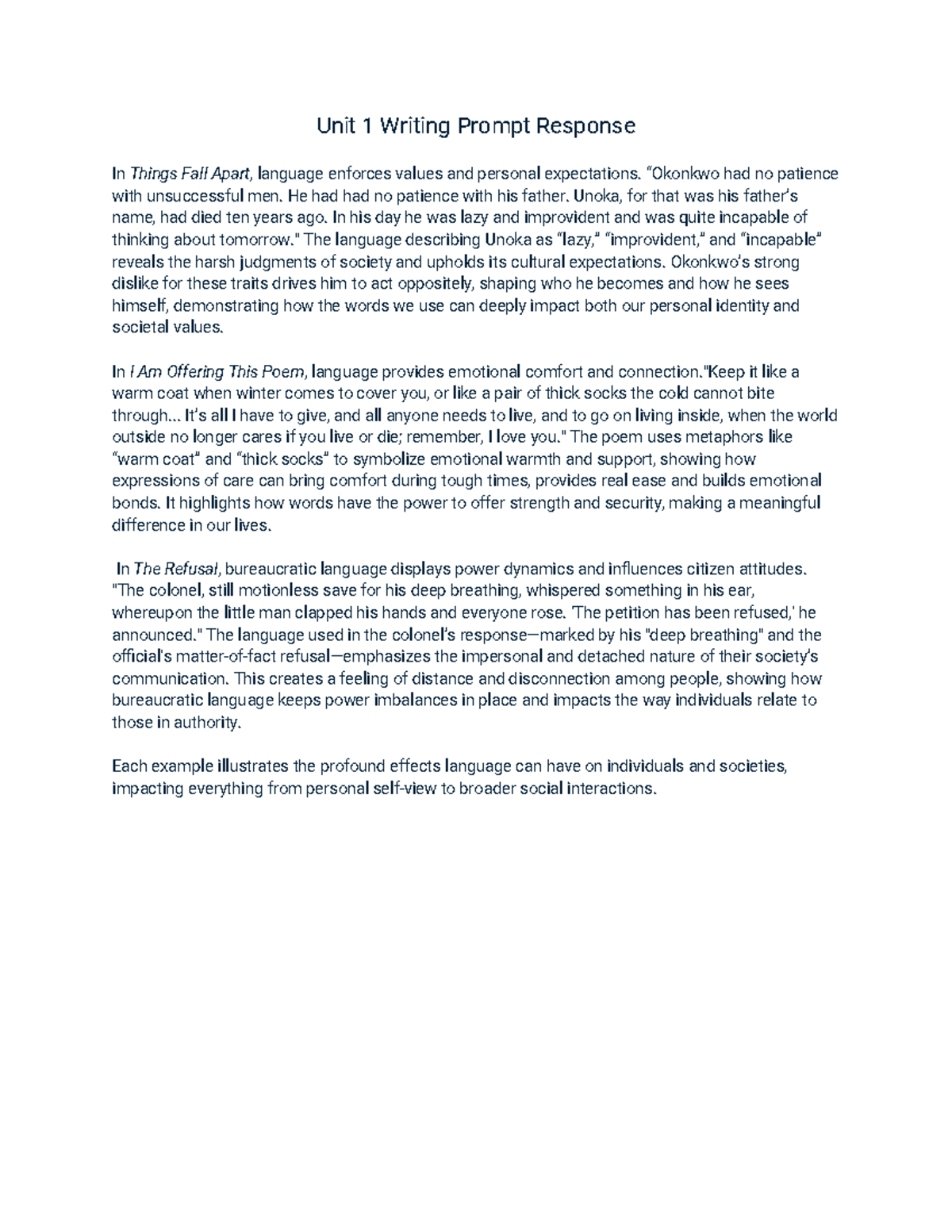 Unit 1 Writing Prompt Response - Unit 1 Writing Prompt Response In ...