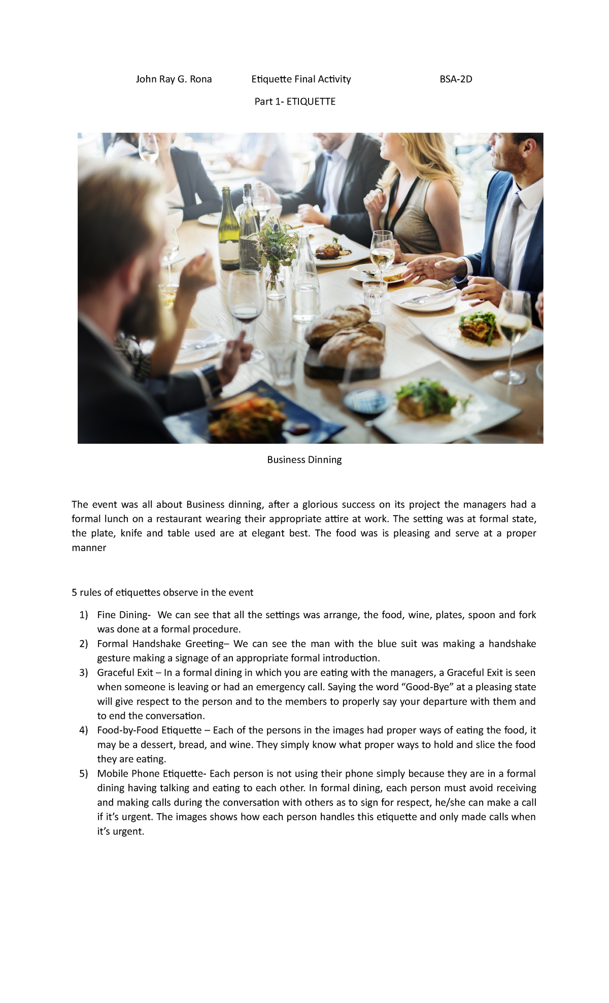Ray Ray Etiquette Final Activity - John Ray G. Rona Etiquette Final Activity BSA-2D Part 1 ...
