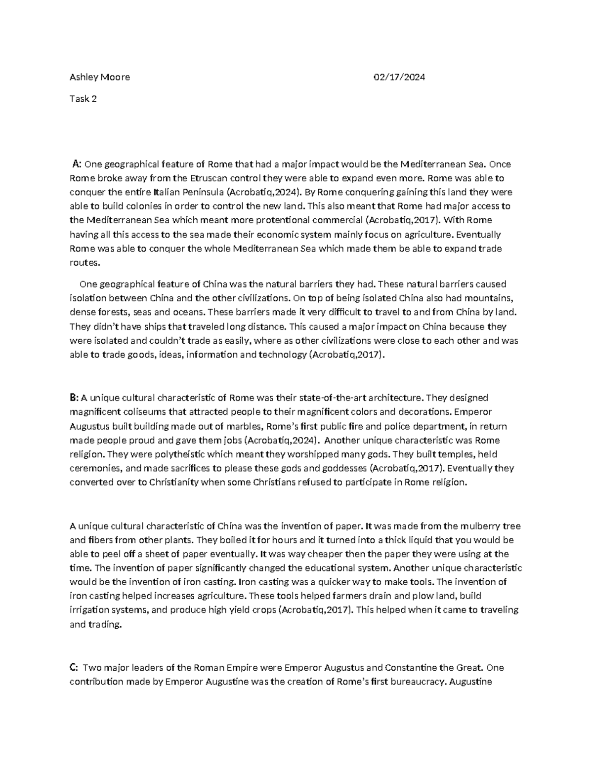 task 2 history paper - Ashley Moore 02/17/ Task 2 A: One geographical ...