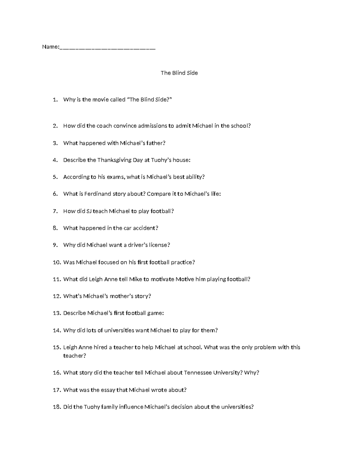 The Blind Side Movie Questions - Name ...