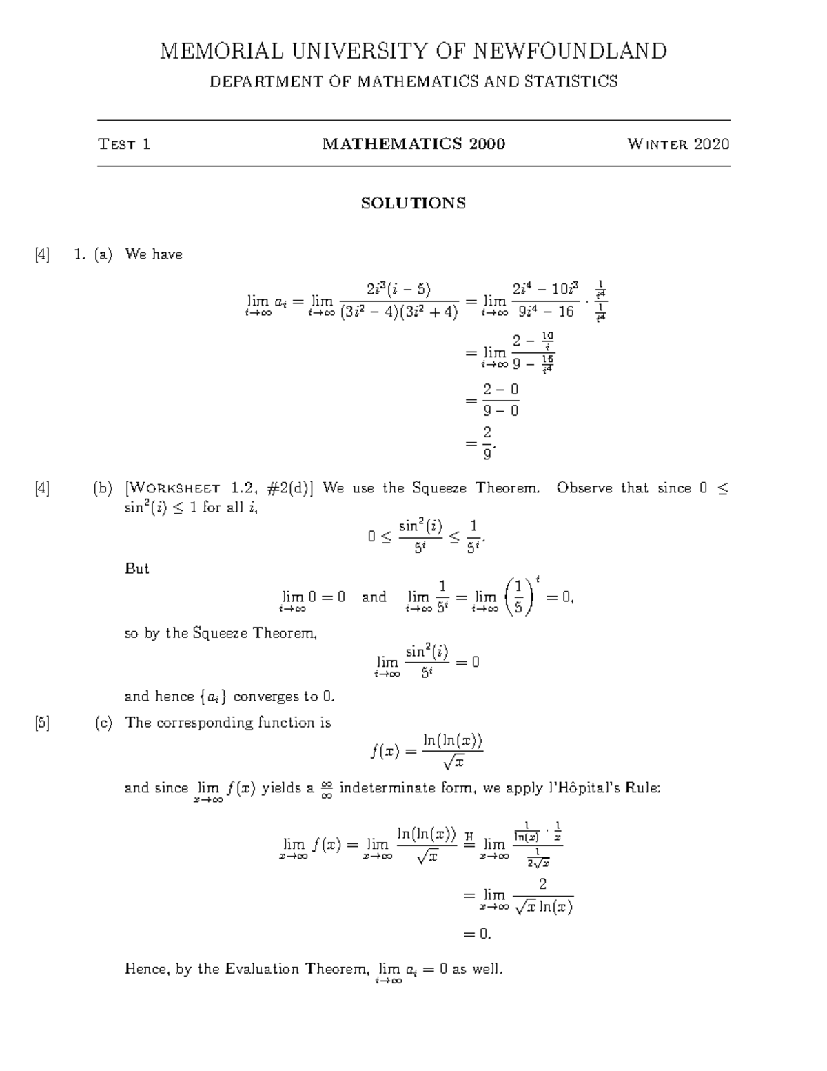 Math 2000 midterm - Test solutions - MEMORIAL UNIVERSITY OF ...