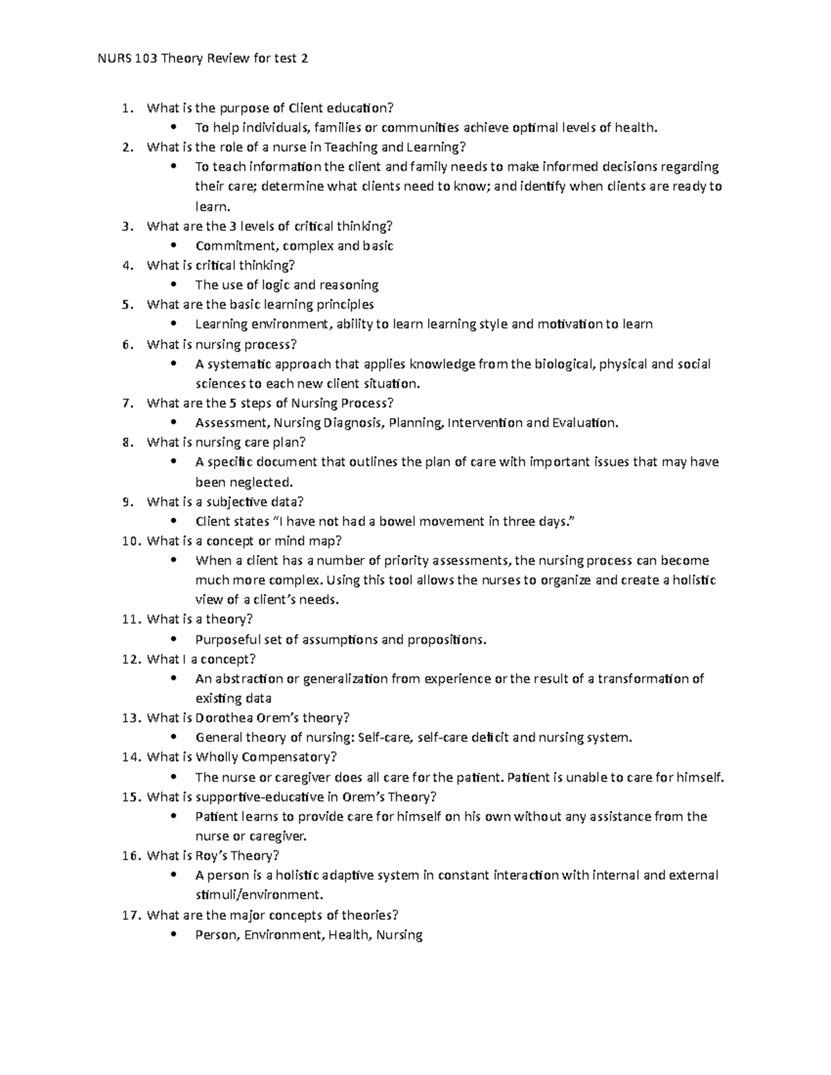 Review for Test 2 - NURS 103 Theory Review for test 2 What is the ...