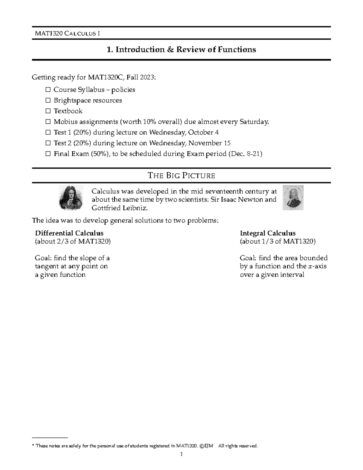 Calc 1, note 1 - Lec 1 notes - 1. Introduction & Review of Functions ...