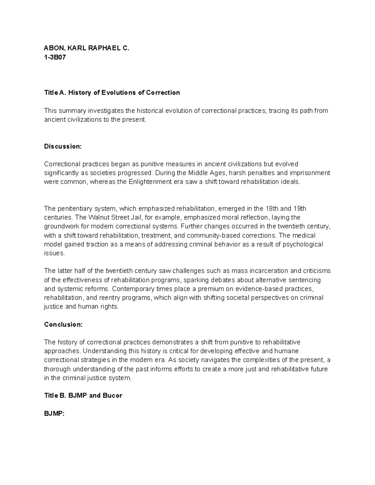 ABON- CA 1 Terminal Paper - ABON, KARL RAPHAEL C. 1-3B Title A. History ...