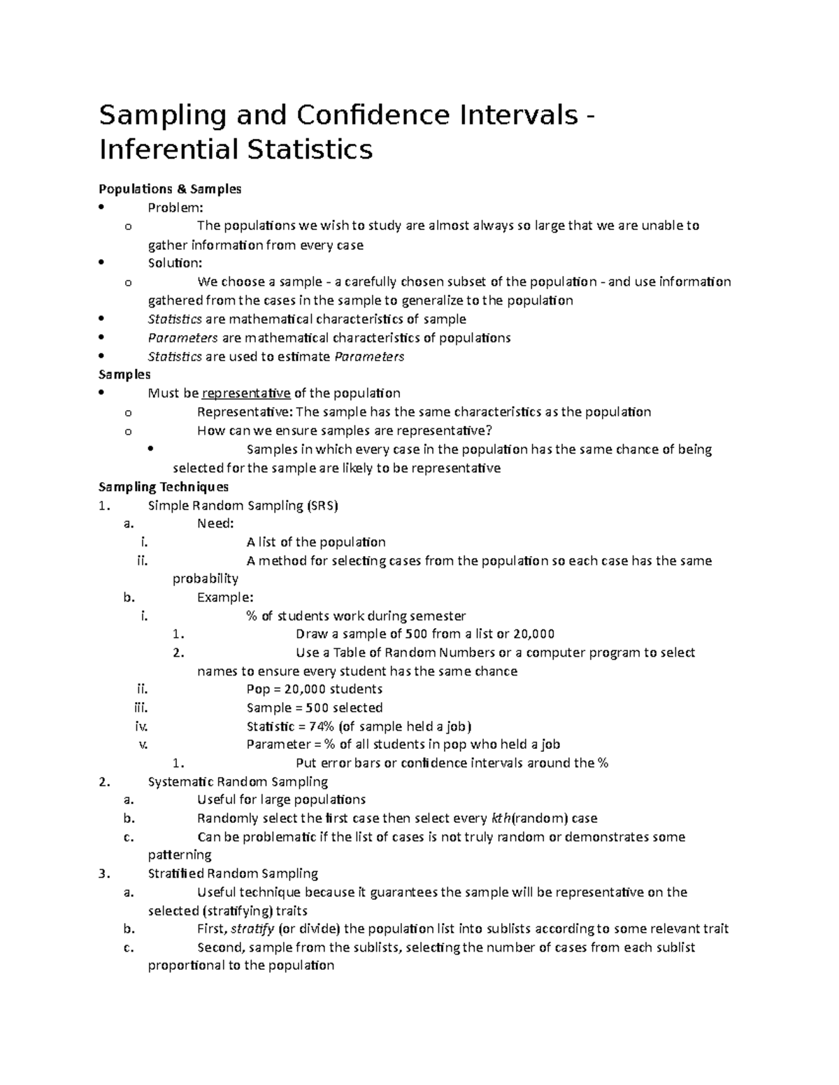 Sampling and Confidence Intervals - Simple Random Sampling (SRS) a. Need: i. A list of the - Studocu