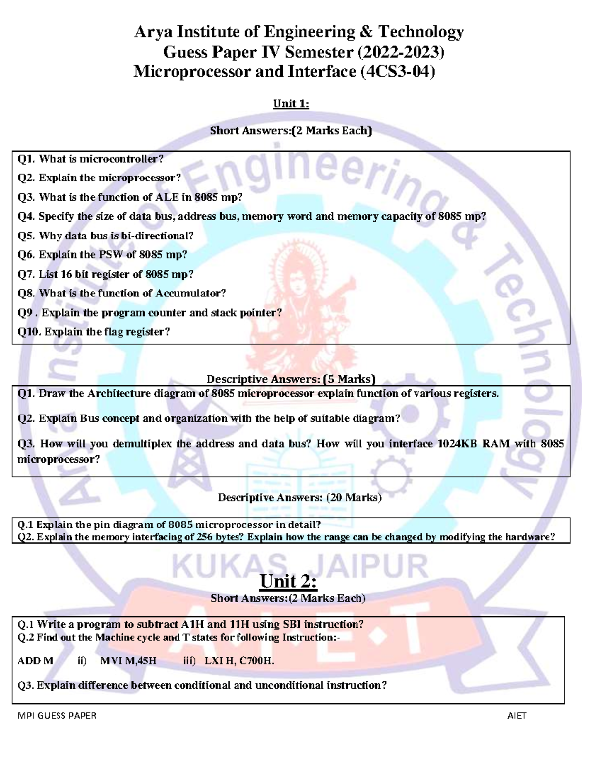 IV SEM MPI Guess Paper - Guess Paper IV Semester (2022-2023) Microprocessor and Interface (4CS3 ...