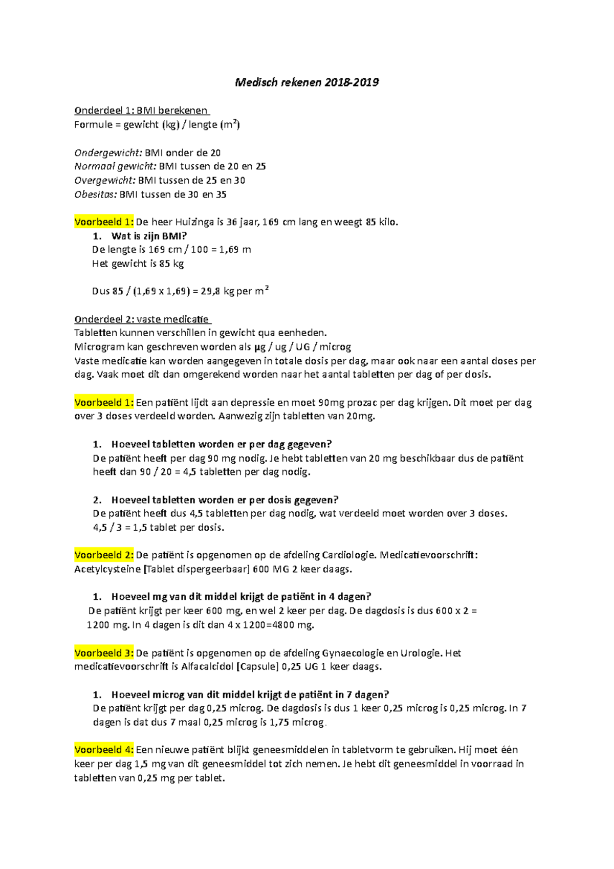 Medisch rekenen 2018 - Samenvatting - Medisch rekenen Onderdeel 1: BMI ...