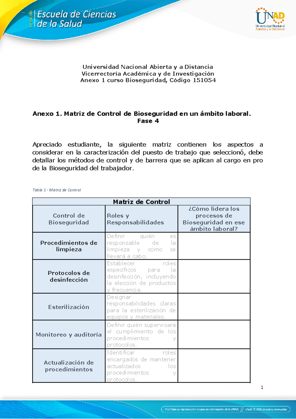 Anexo 1 - Matriz de Control de Bioseguridad en un ámbito laboral ...