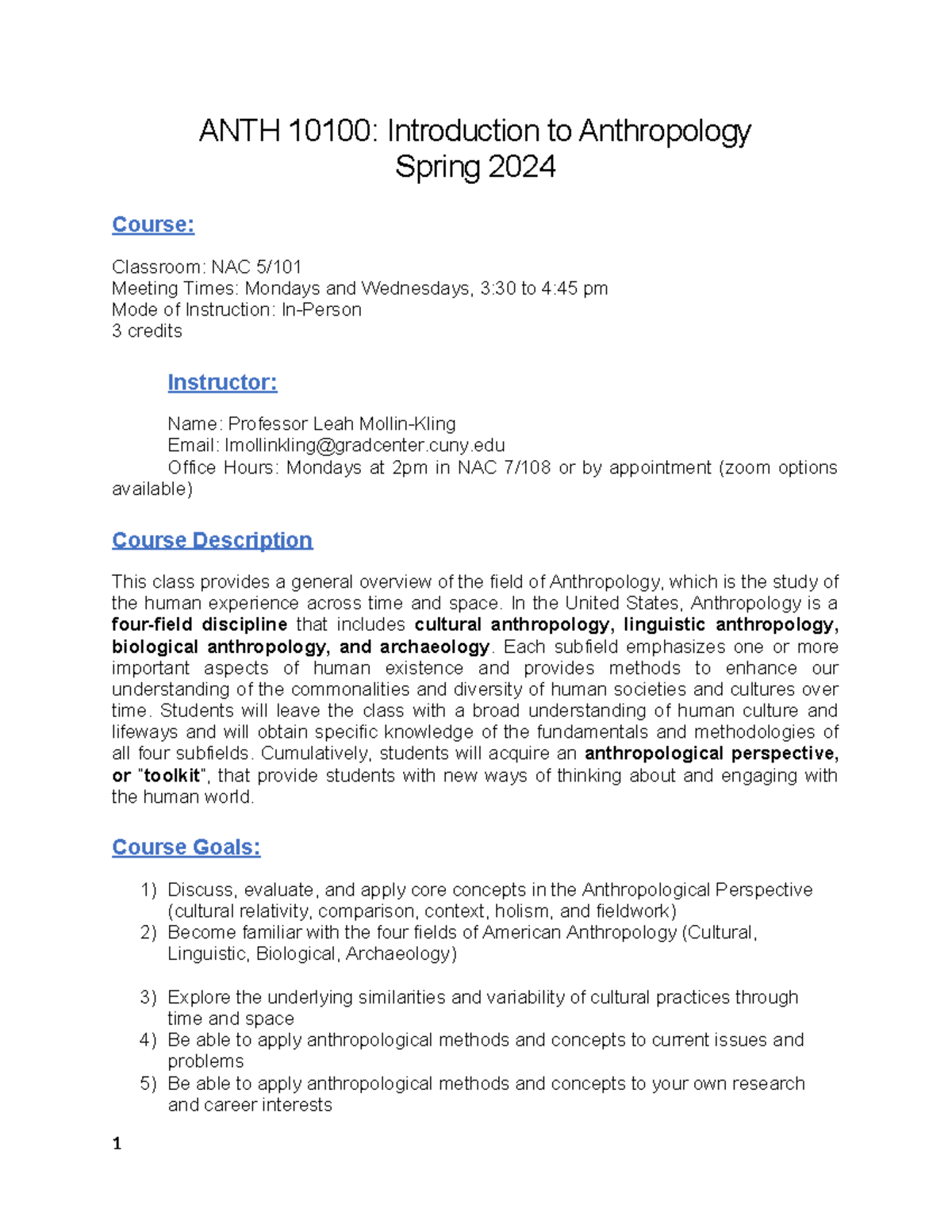 ANTH 10100 Syllabus Spring 2024 Updated - ANTH 10100: Introduction to Anthropology Spring 202 4 ...