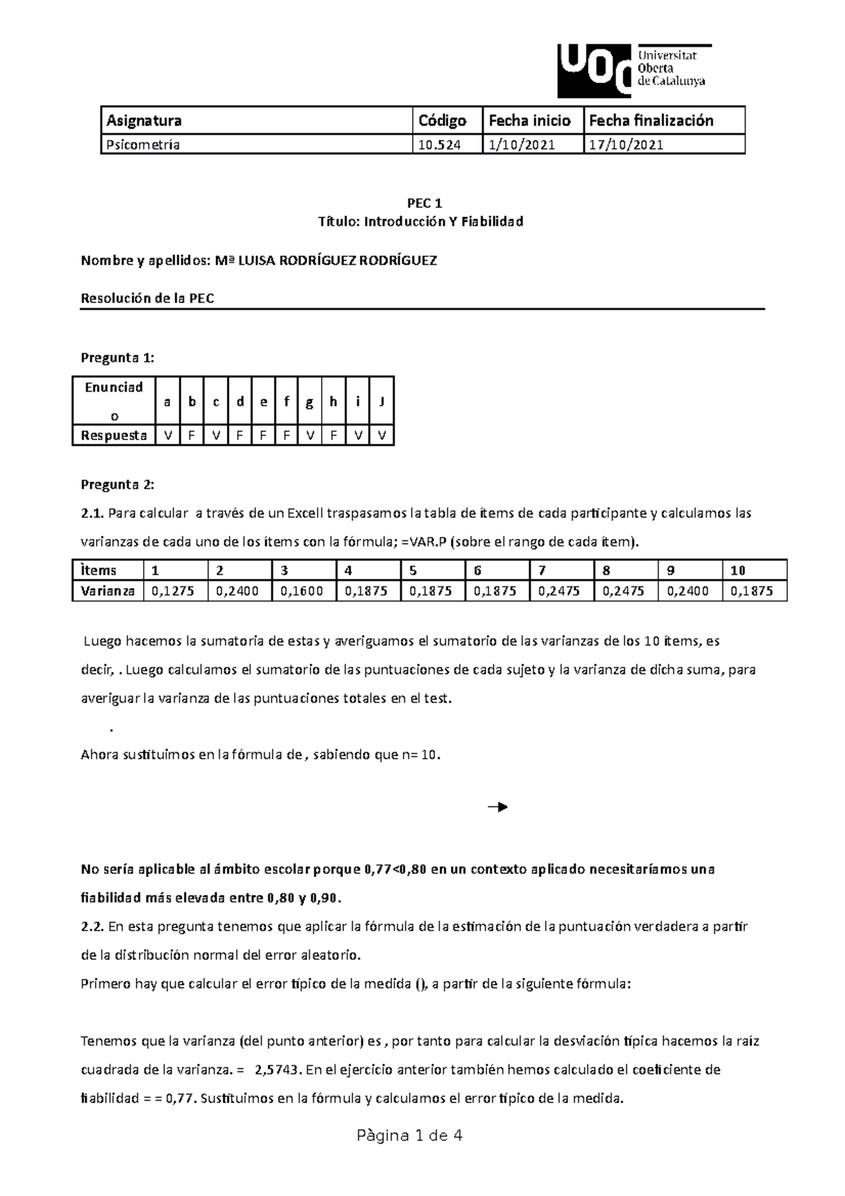 PEC 1 Marisa Rodríguez - NOTA A - Psicometría 10 1/10/2021 17/10/ PEC 1 Título: Introducción Y ...